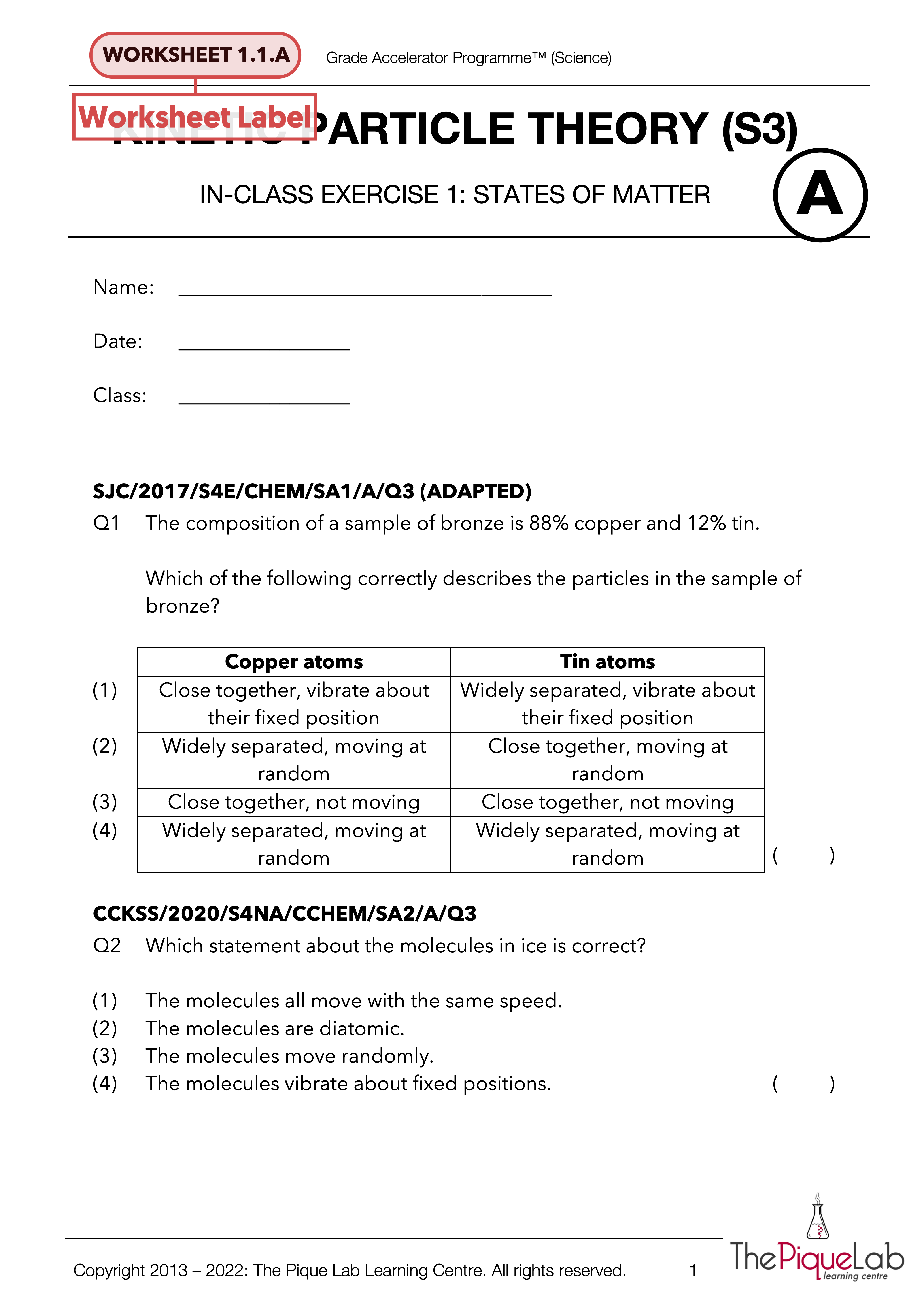 [S3 GAP] Materials Packing List - The Pique Lab