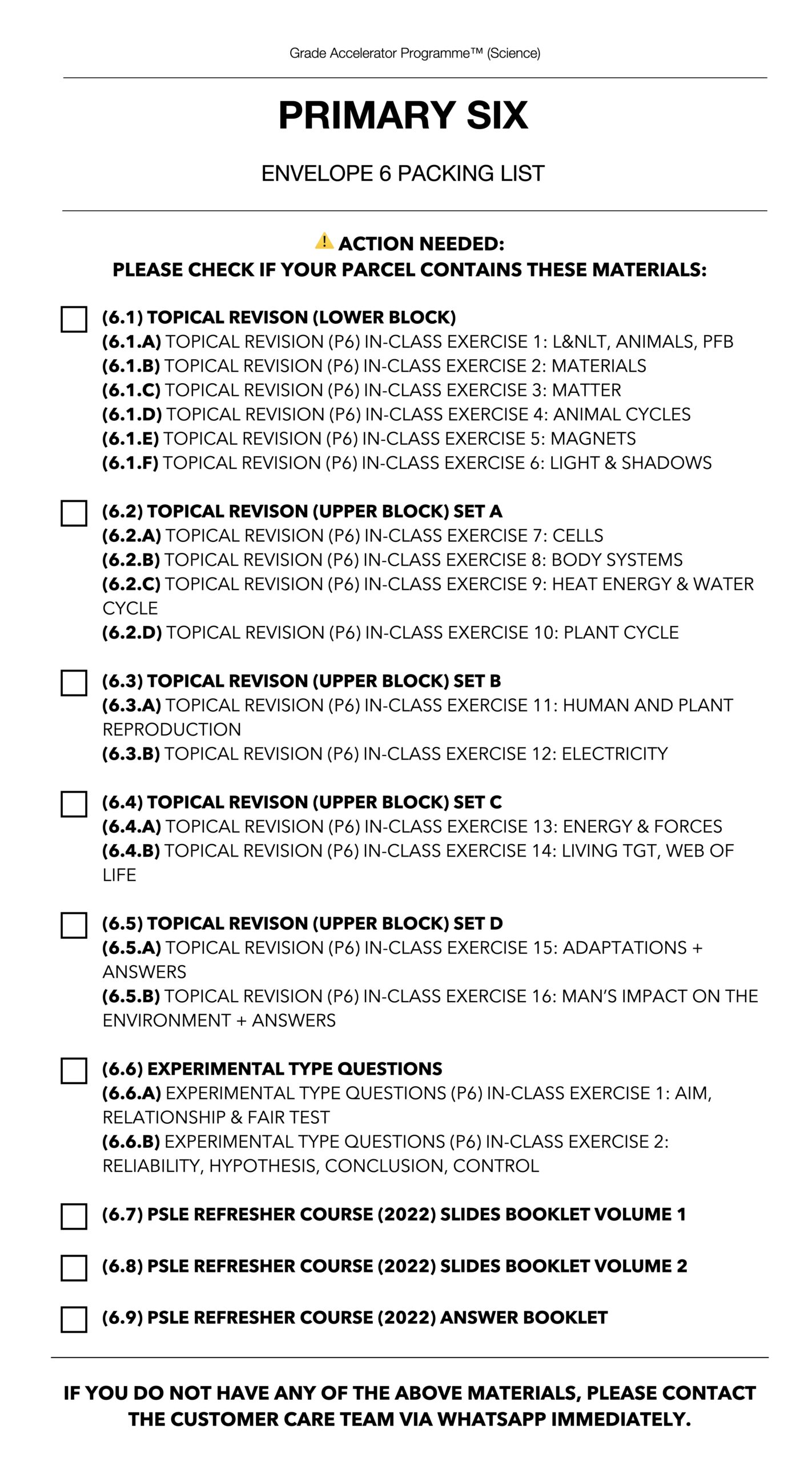 [2022] [P6 GAP] Materials Packing List - The Pique Lab