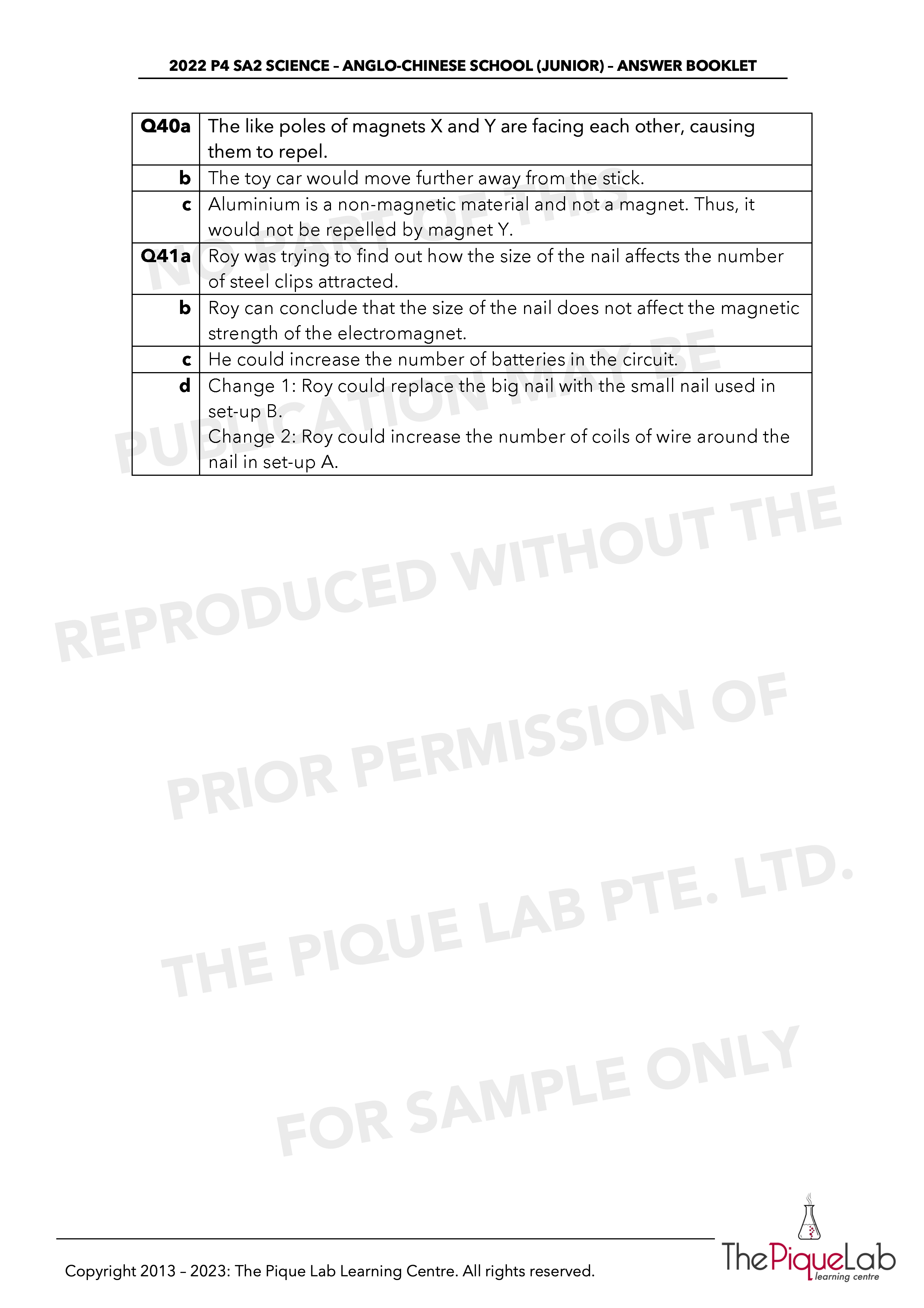 2022 P4 Science SA2 Answer Set - The Pique Lab