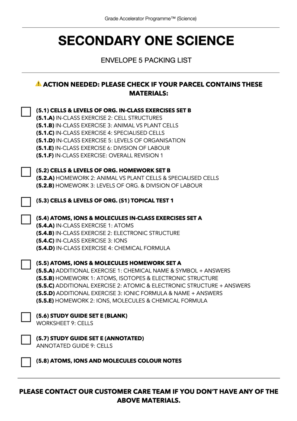 [S1 GAP] Materials Packing List - The Pique Lab