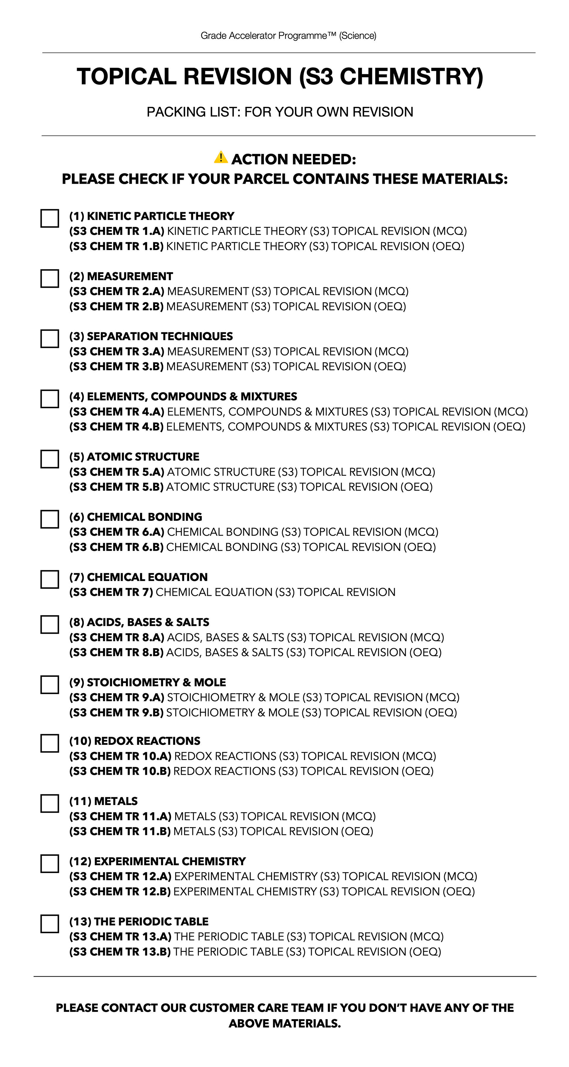 [S3 GAP] Materials Packing List - The Pique Lab